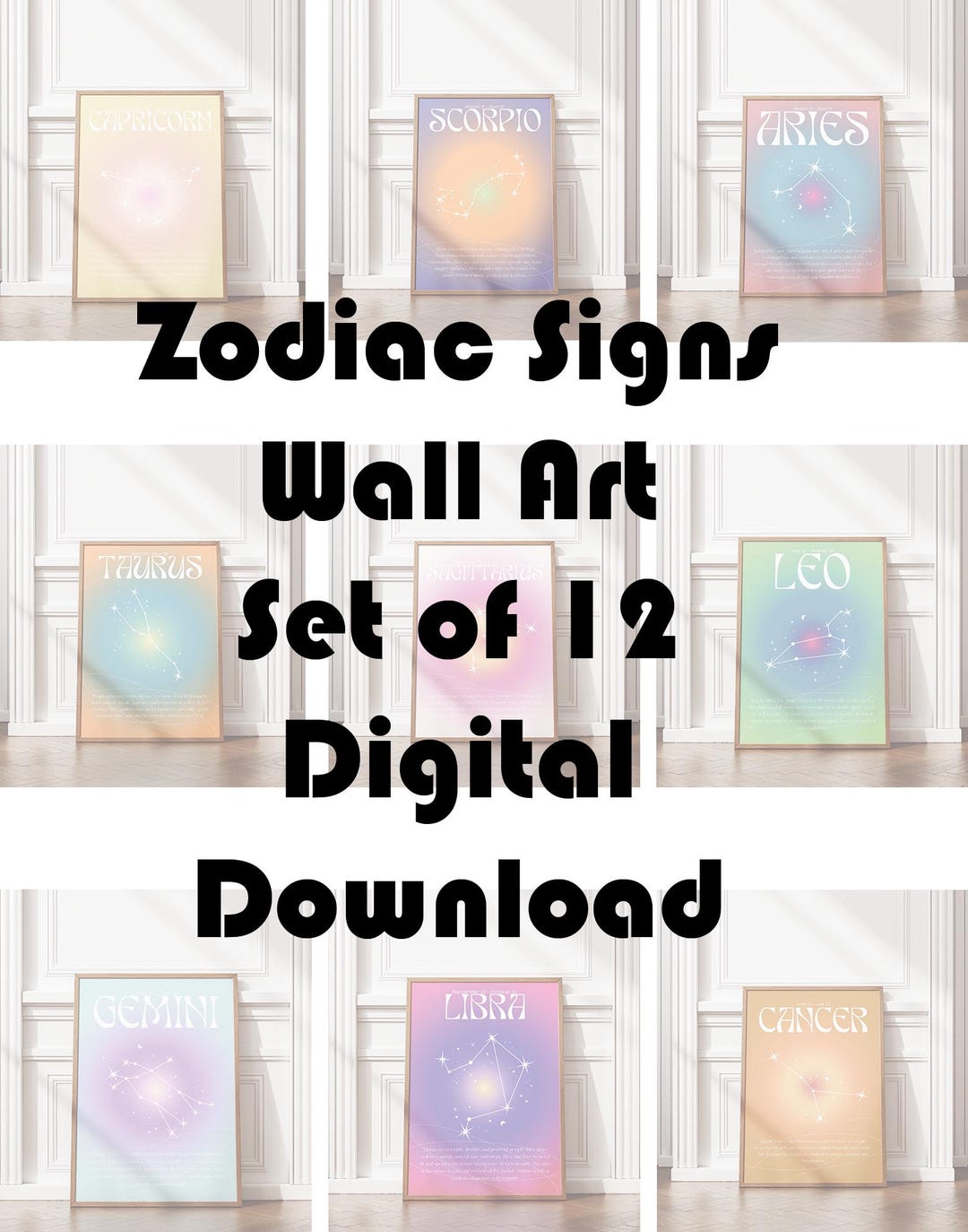 Zodiac Signs Wall Art Bundle – Set of 12 Astrology Prints | Digital ...