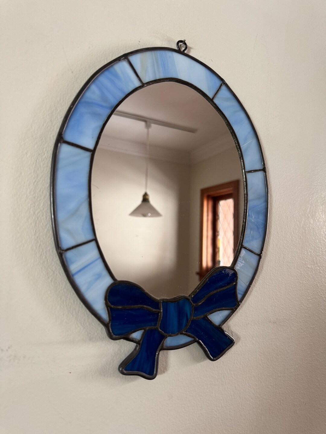 Charming Small Blue-toned Stained Glass Mirror With Bow Vintage ...