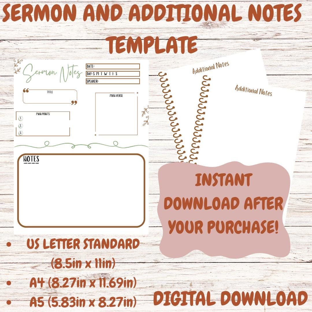 Sermon Notes Template, Sermon Notes for Church, Church Notes Template ...