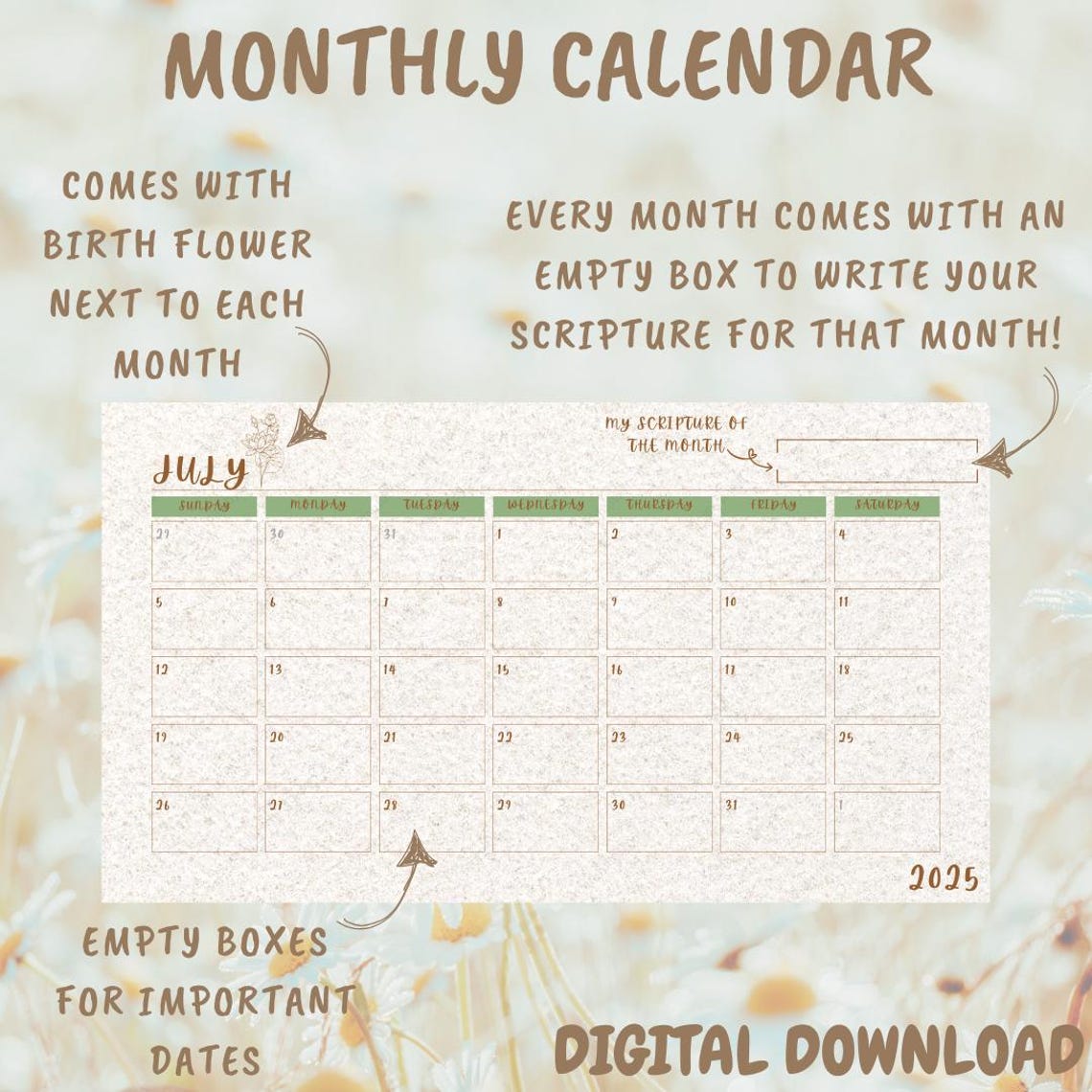 2025 Bible Calendar, 2025 Scripture Calendar, 2025 Digital Calendar ...