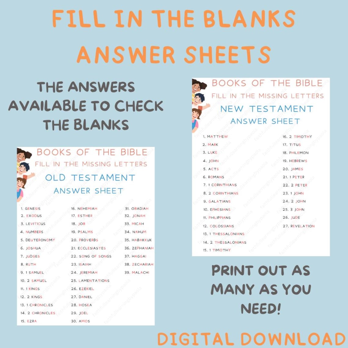 Children's Books of the Bible Fill in the Blanks, Kids Bible Activities ...