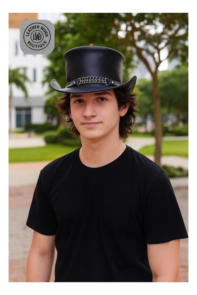 Black Leather Top Hat With Chain Band – Handmade Steampunk Biker Hat ...