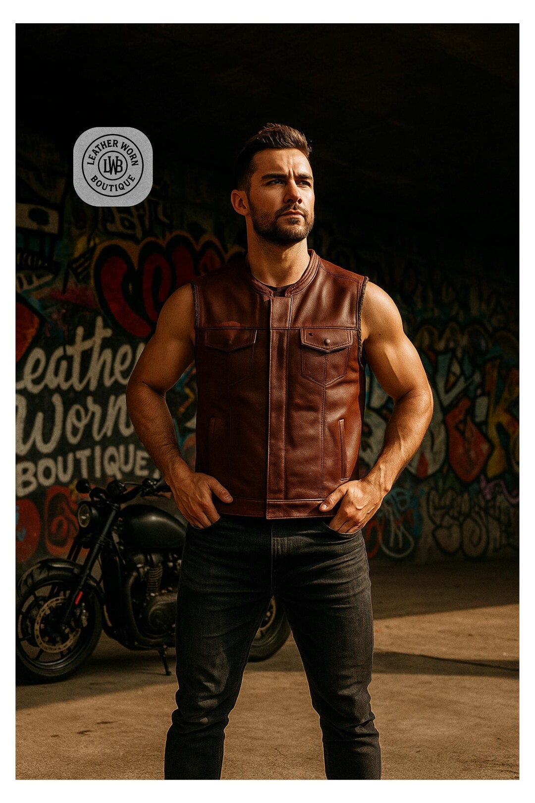 Men’s Brown Leather Biker Vest – Vintage Style Motorcycle Club Cut With ...