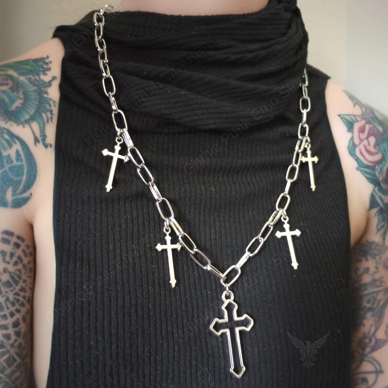 Layered Cross Punk Chain Necklace: Emo Goth Biker Silver Alloy - Etsy