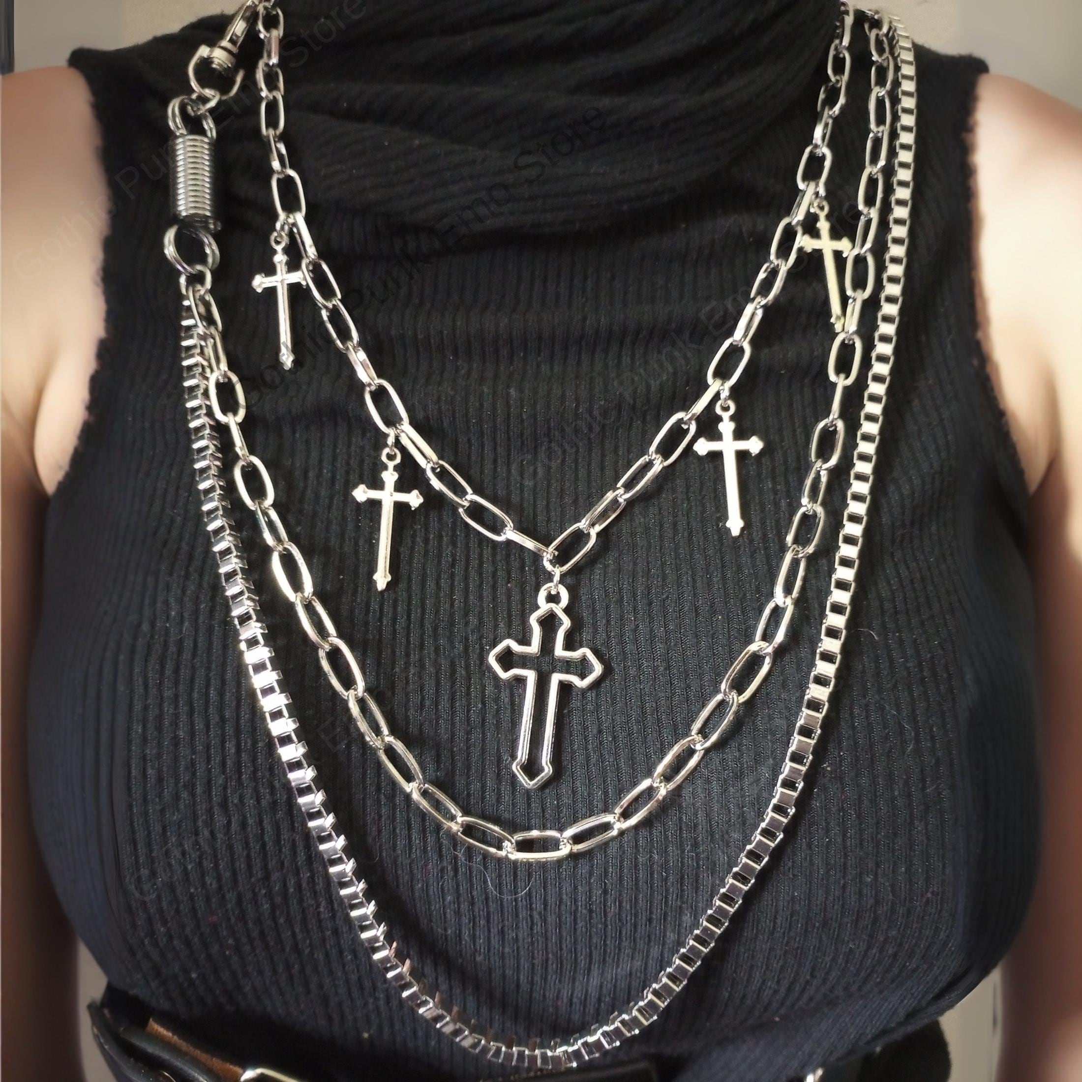 Layered Cross Punk Chain Necklace: Emo Goth Biker Silver Alloy - Etsy