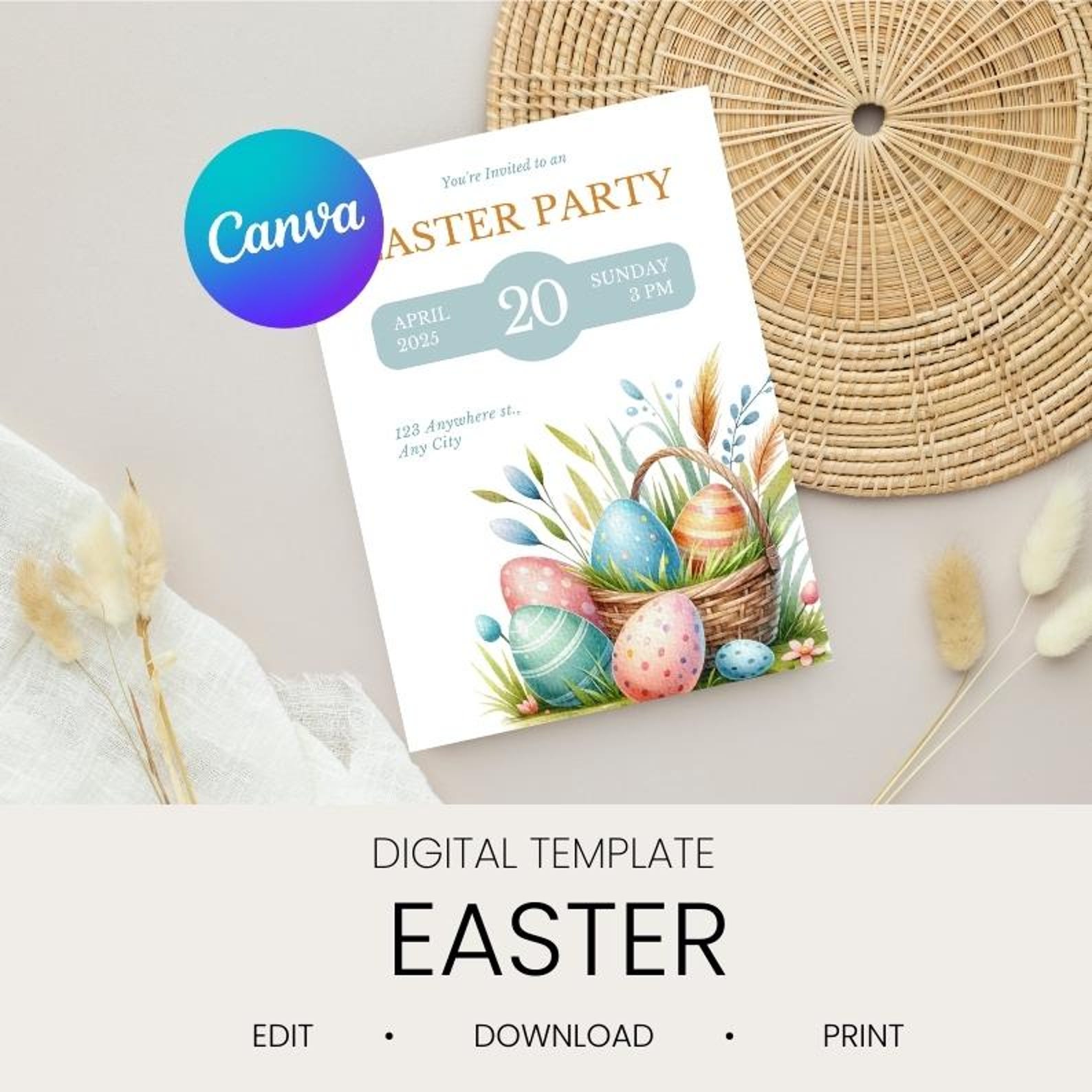 Easter Party Invitation Card, Egg Hunt Brunch (canva Template, Digital ...