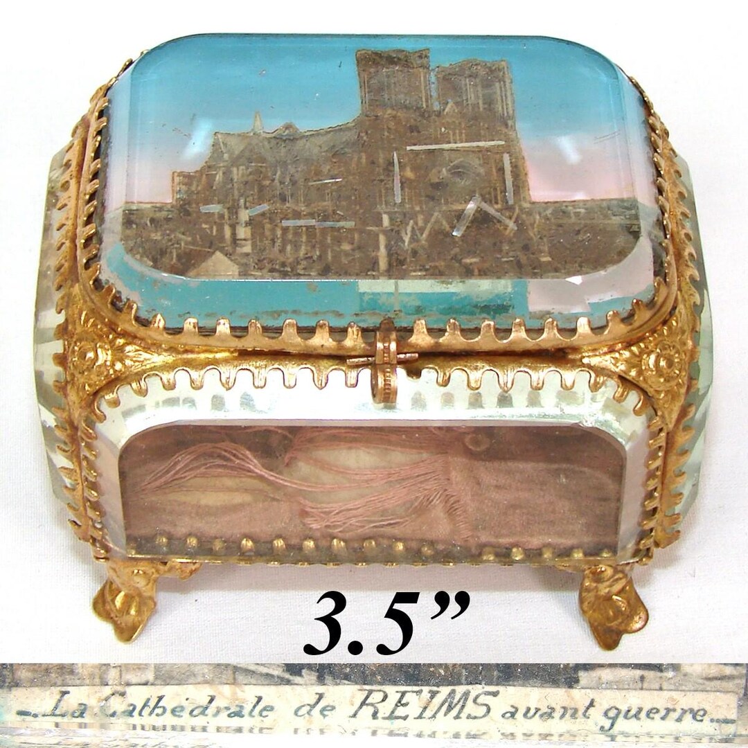 Antique French Souvenir Casket, Beveled Glass & Eglomise Scene: Reims ...