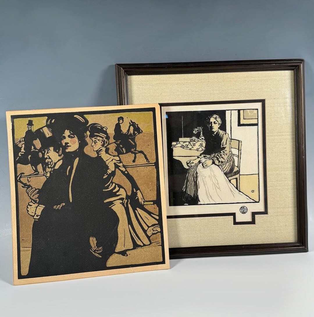 Antique Edwardian Era Artist Signed Original Woodcut Prints, Sewing, 1 ...