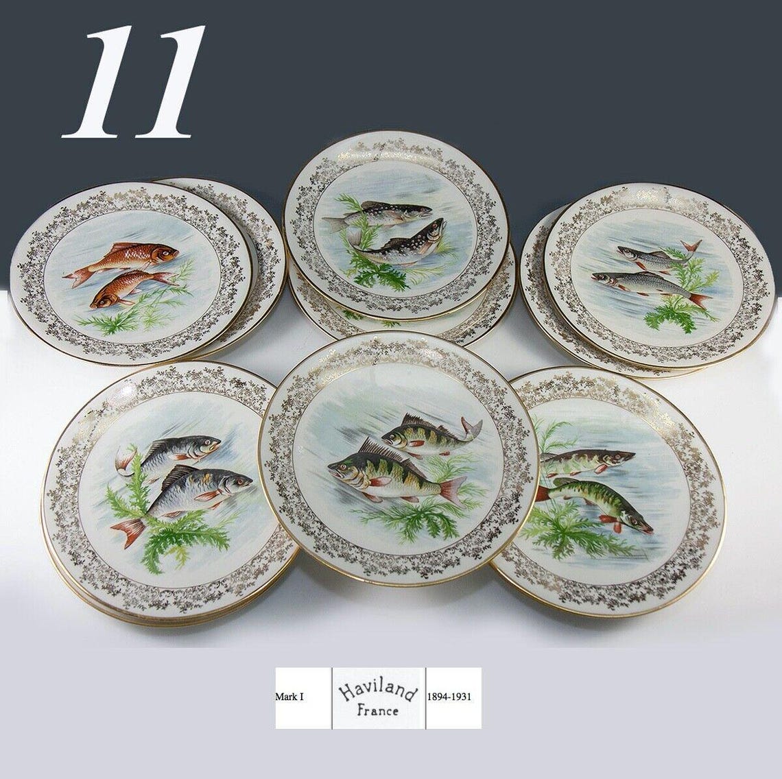 Antique - Vint. Haviland Limoges Set of 11 Transfer & Painted Fish ...