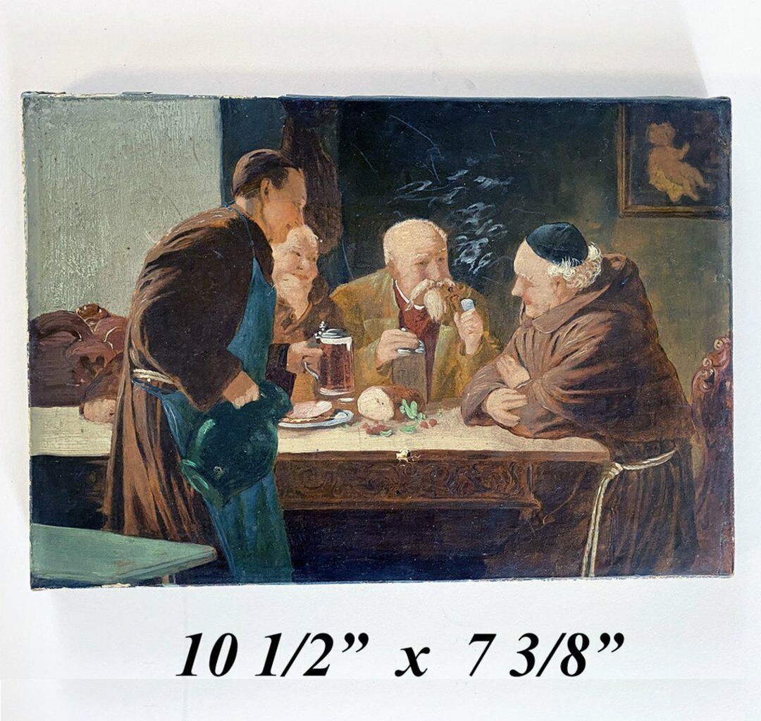 Petit Antique French Oil Painting, 4 Men at Table, A Dinner With the ...