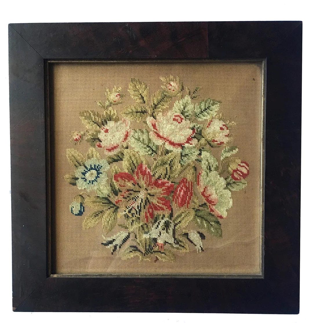 Antique Burled Wood Victorian Frame and Punchwork, Needlepoint on Paper ...