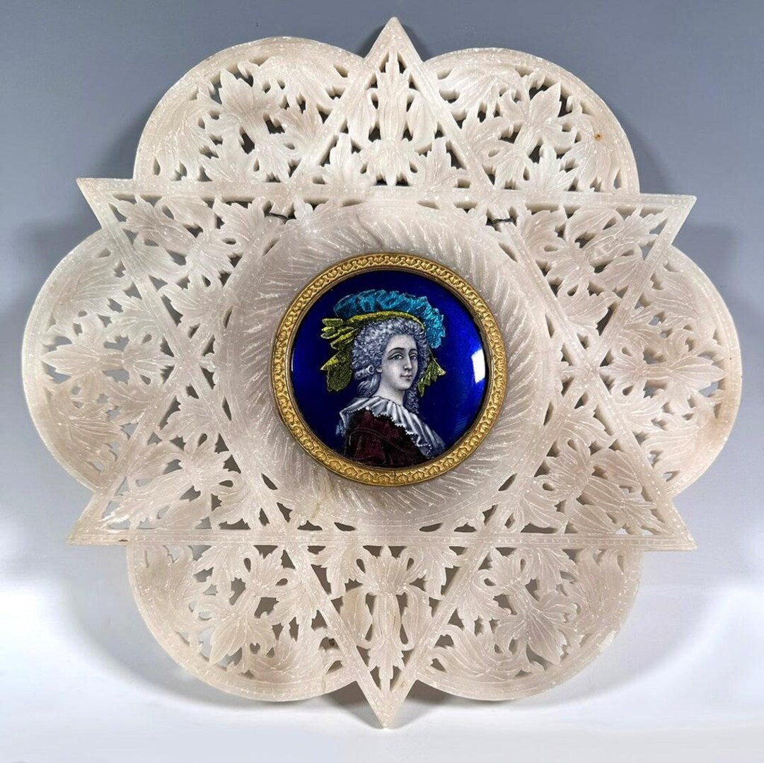 Antique French Enamel Portrait Miniature, Miss Elizabeth, Carved ...