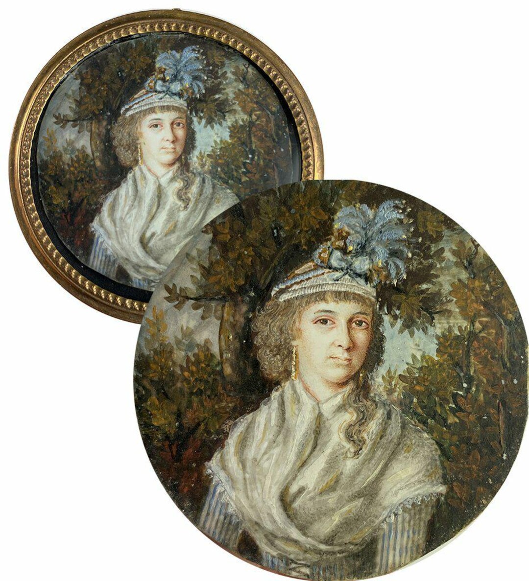 Antique Georgian Era Portrait Miniature, Pretty Woman in Elaborate Hat ...