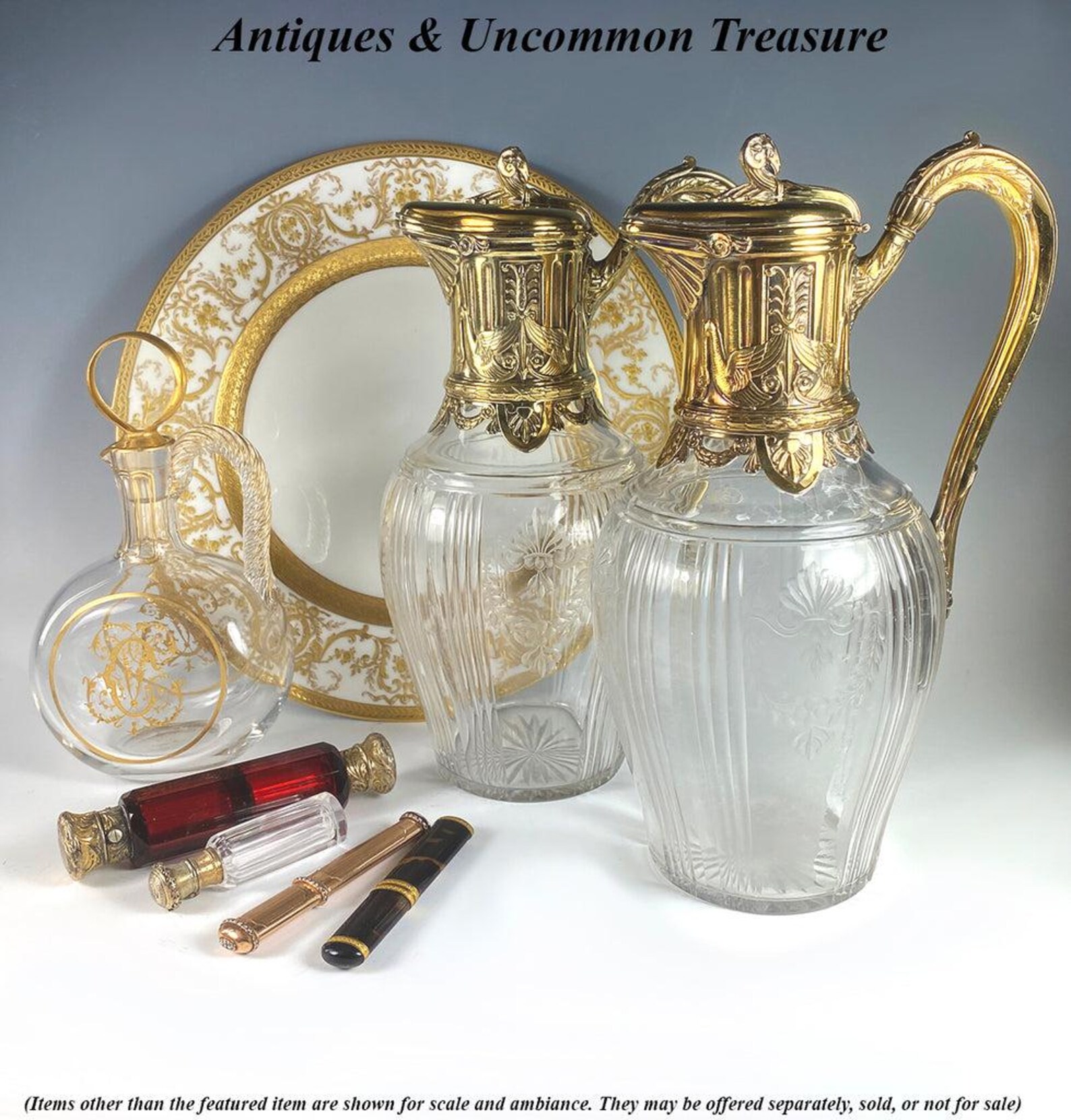 PAIR Superb Antique French Claret Jugs (2) Sterling Silver W 18k Gold ...