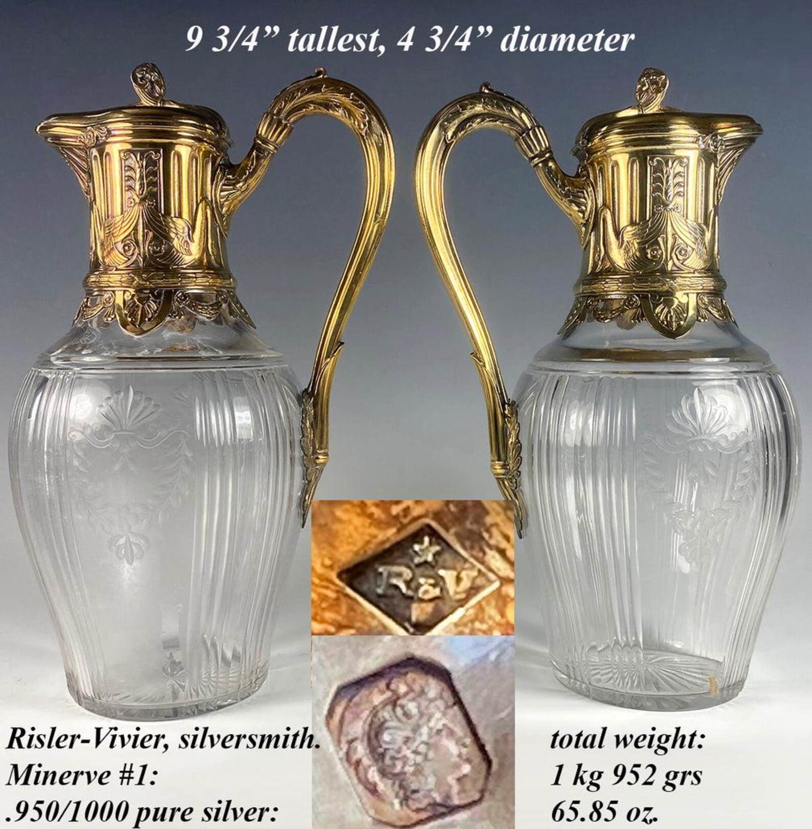 PAIR Superb Antique French Claret Jugs (2) Sterling Silver W 18k Gold ...
