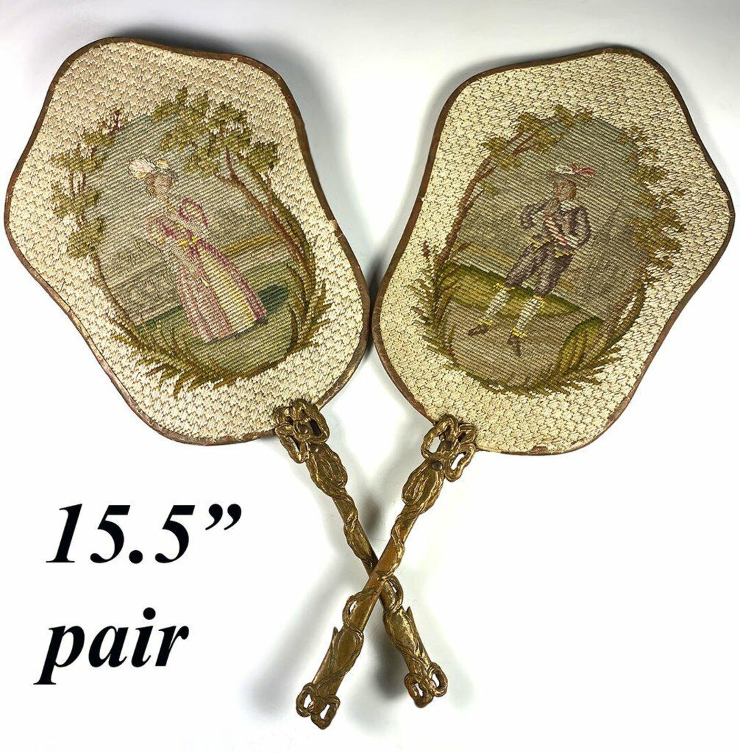 Pair Victorian Napoleon III French Needlework Face Screen Set, Bow Top ...