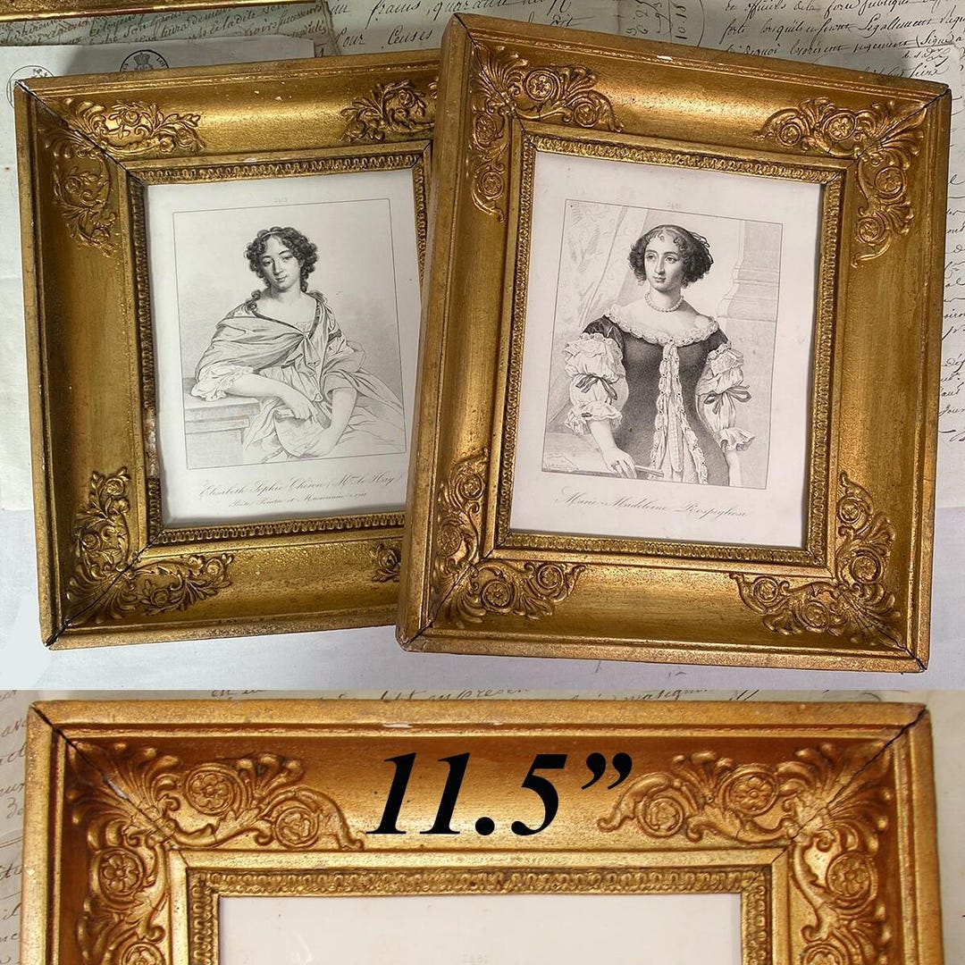 PAIR Antique French Empire Gilt Picture Frames, Intaglio Prints of 18c ...