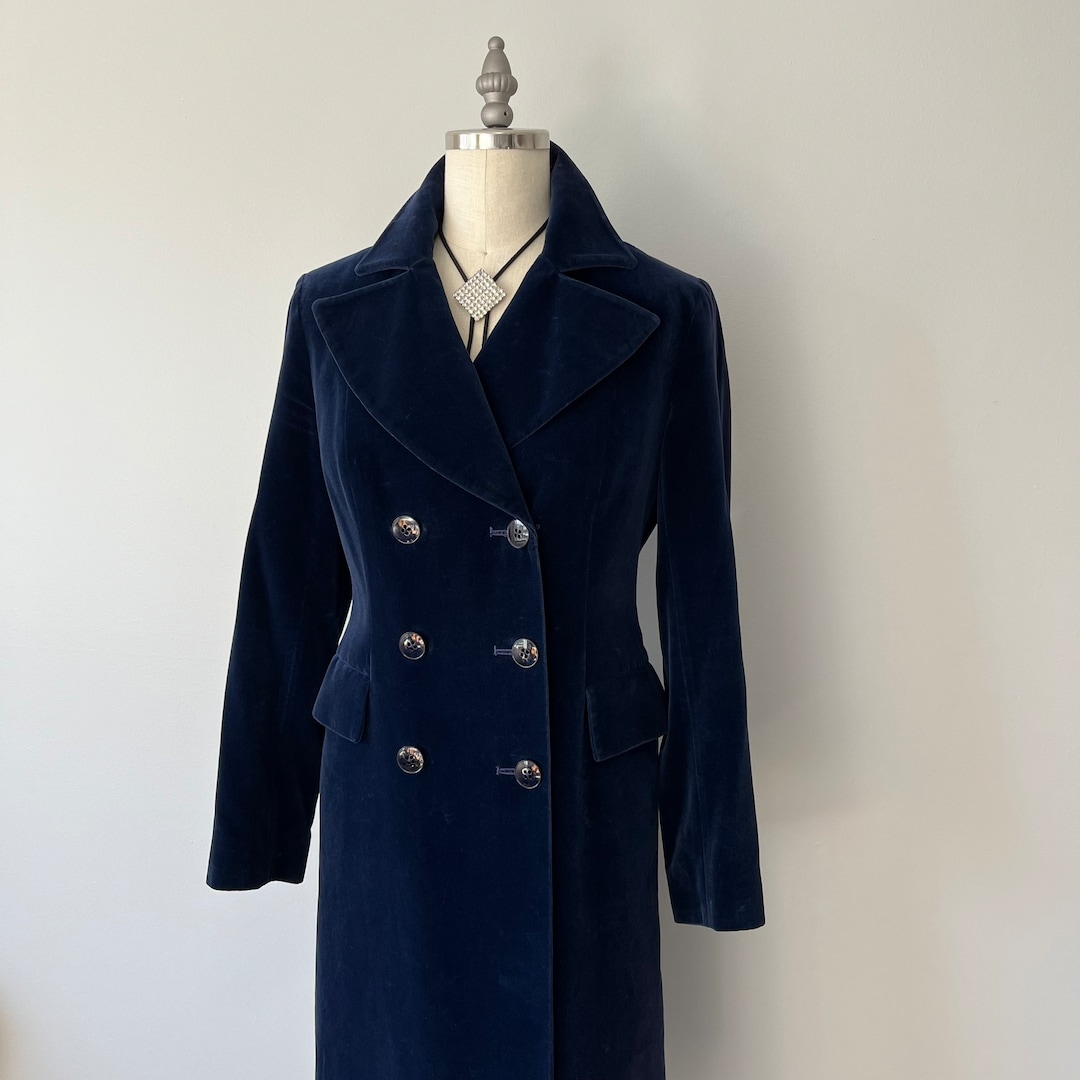 Navy Velvet Coat / Vintage Long Peacoat / Classy 70s Wear / Evening ...