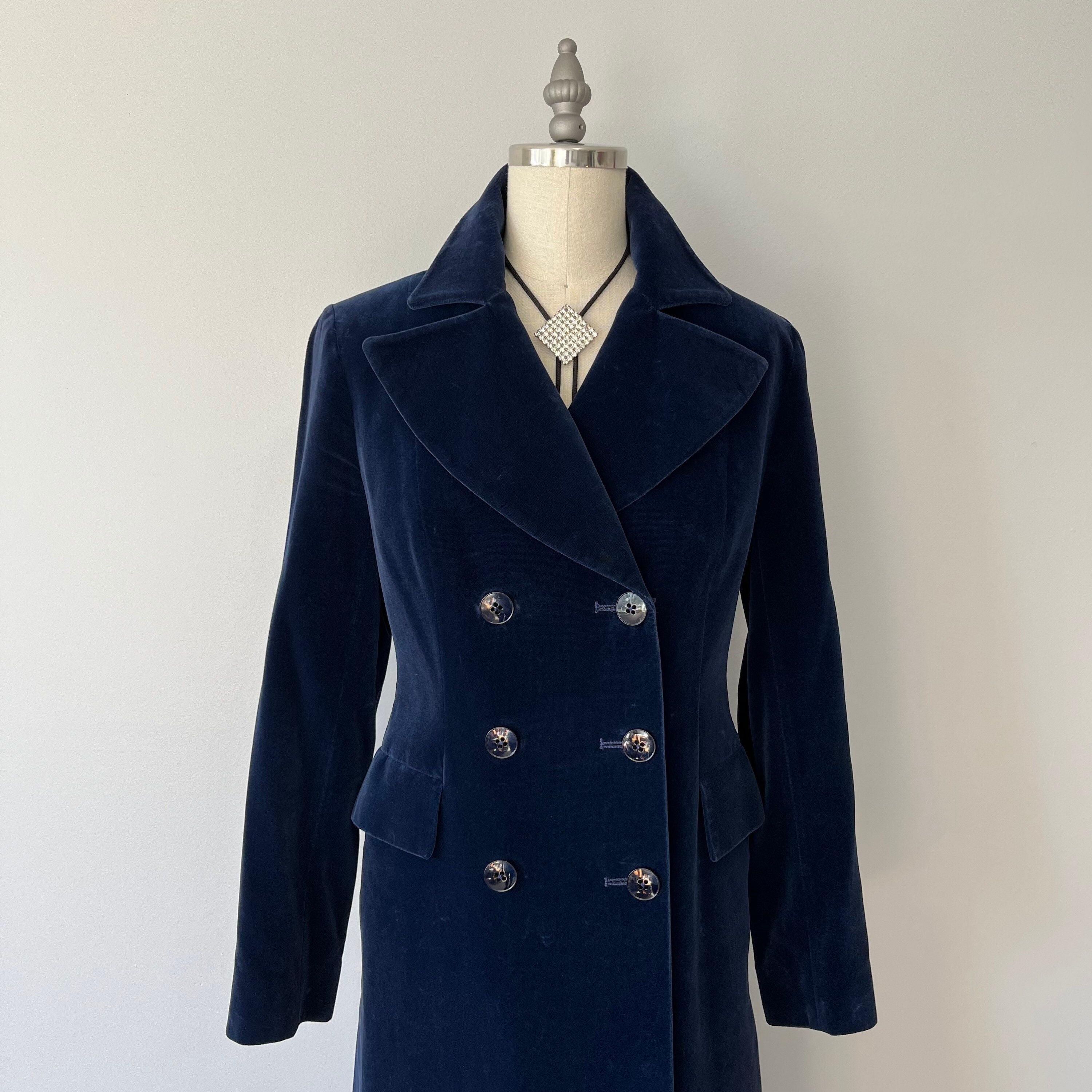 Navy Velvet Coat / Vintage Long Peacoat / Classy 70s Wear / Evening ...