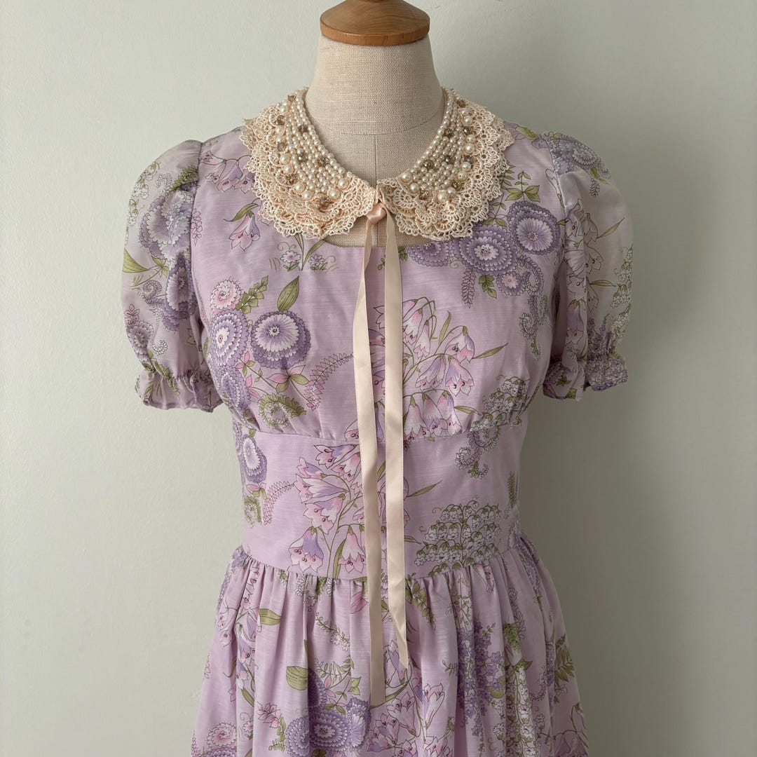 Cottagecore Floral Cotton Dress, Handmade 60s/70s Garden Party Gown (XS ...