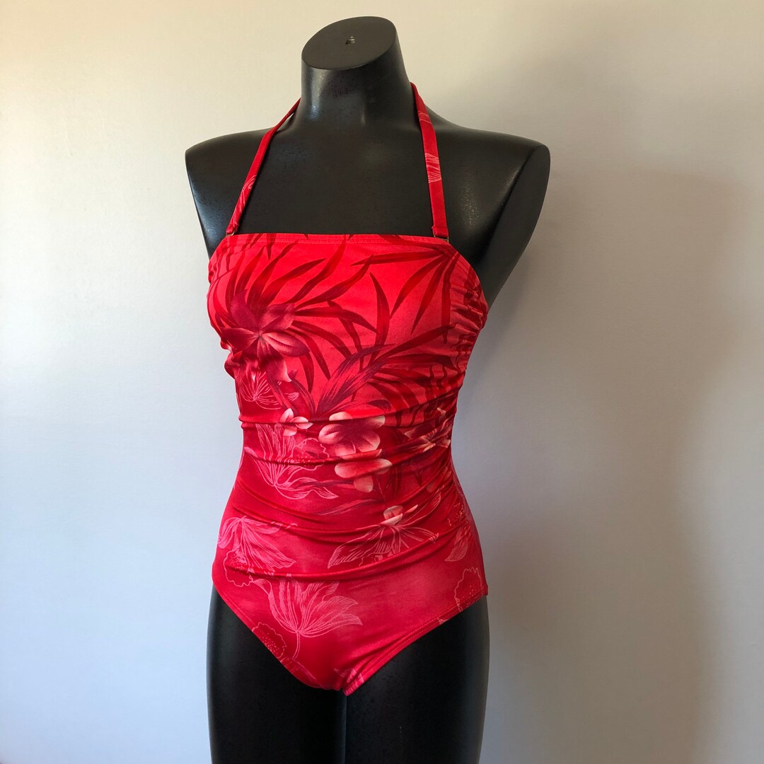 80s One Piece Swimsuit / Vintage Red Bathing Suit / Hawaiian Hibiscus ...