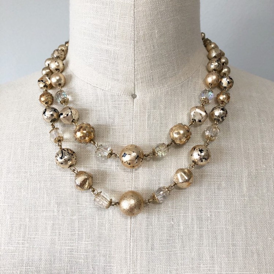 Vintage 60s Necklace / Gold and Crystal / Stones and Beads / MCM / Mod ...