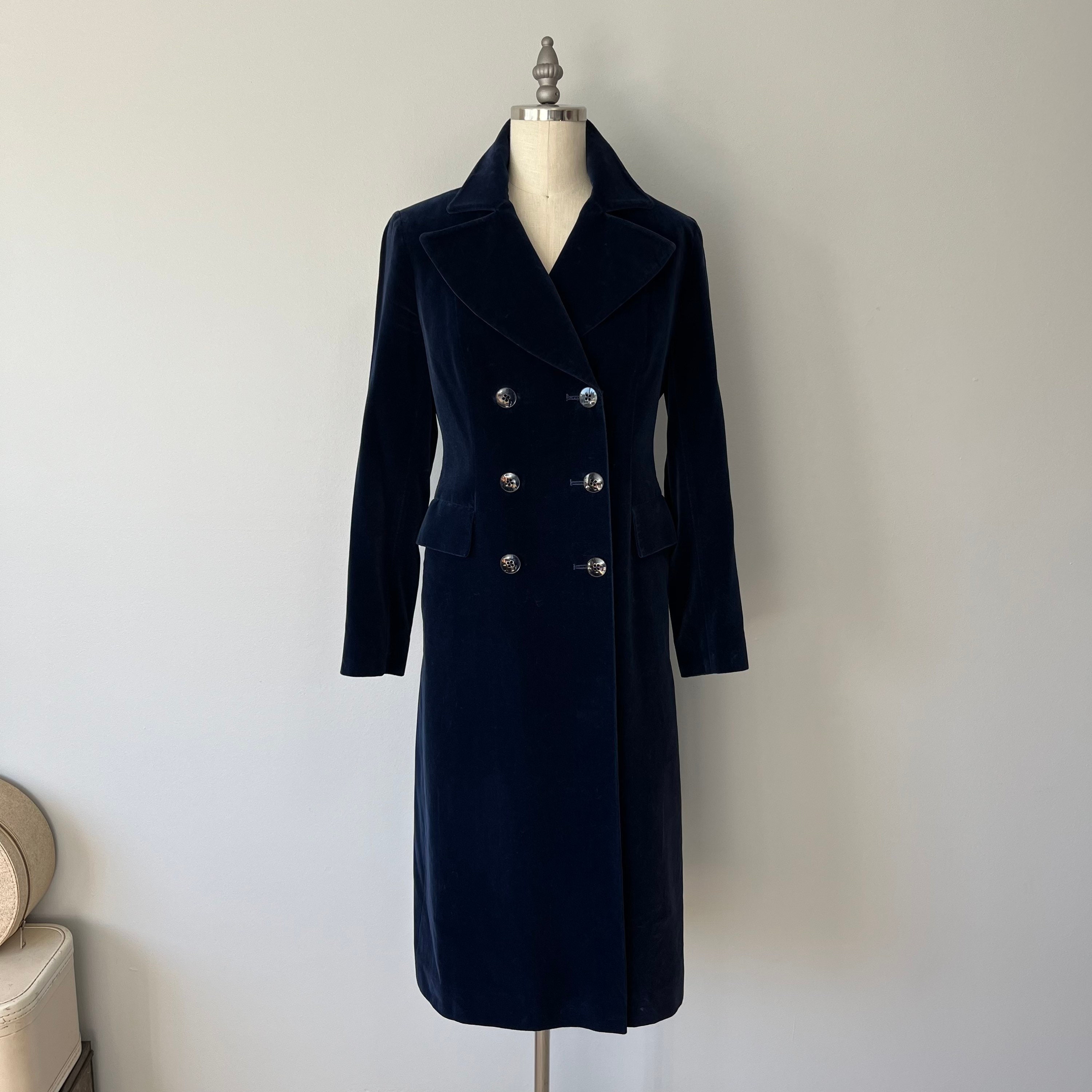 Navy Velvet Coat / Vintage Long Peacoat / Classy 70s Wear / Evening ...