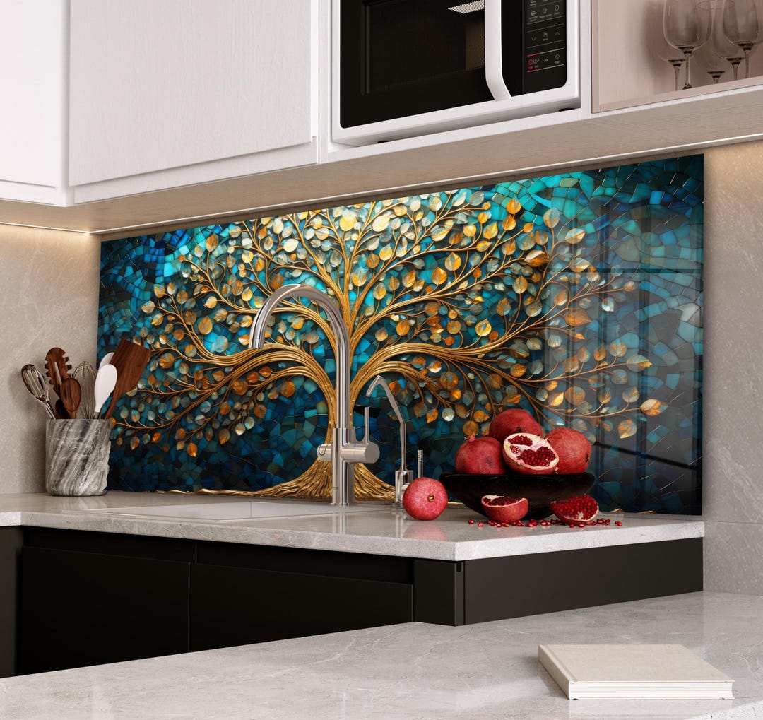 Tree of Life Glass Backsplash, Tempered Glass Splashback, Kitchen ...