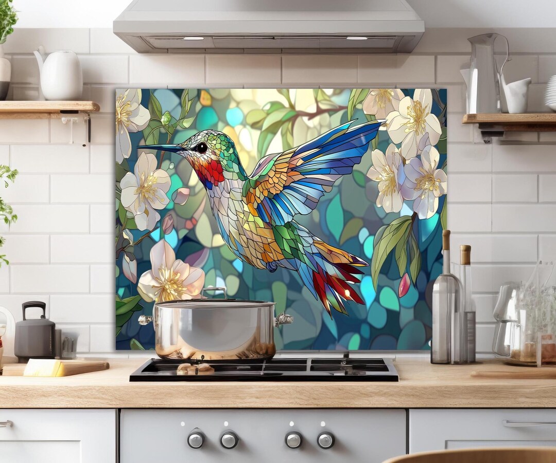 Hummingbird Tempered Glass Kitchen Backsplash: Stained Glass Look - Etsy