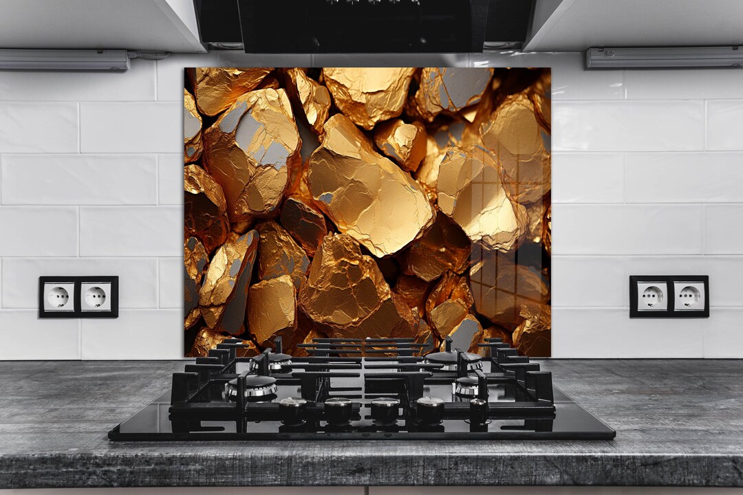 Tempered Glass Kitchen Splashback: Gold Accent, Heat & Moisture ...