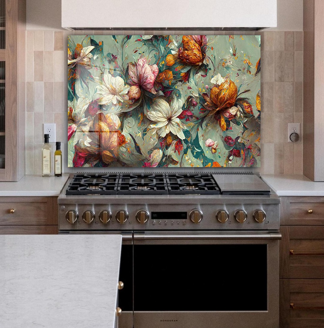 Tempered Glass Stove Backsplash Panel, Stove Back Cover, Floral ...