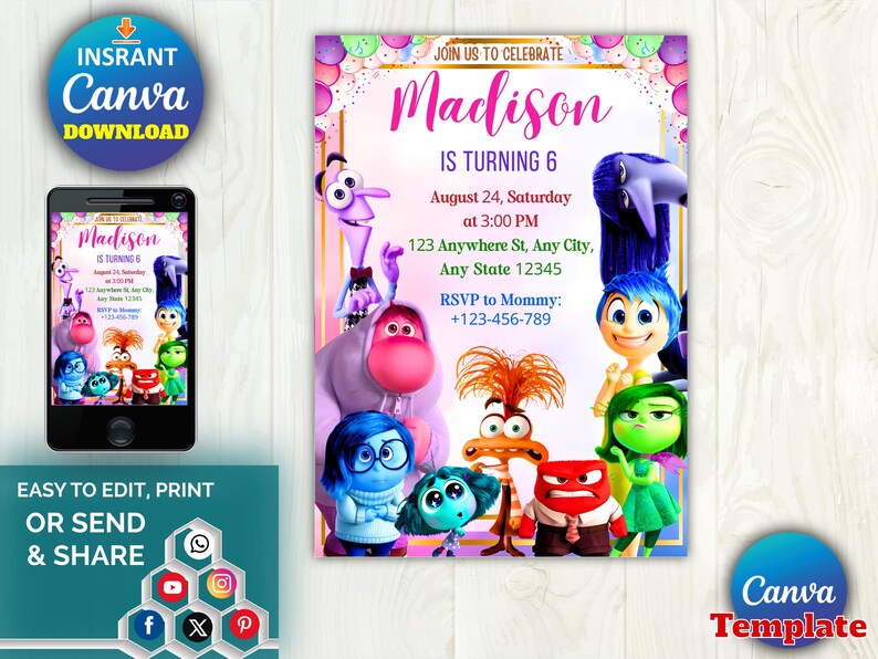 Editable Inside Out 2 Invitation, Inside Out 2 Invitation, Editable ...