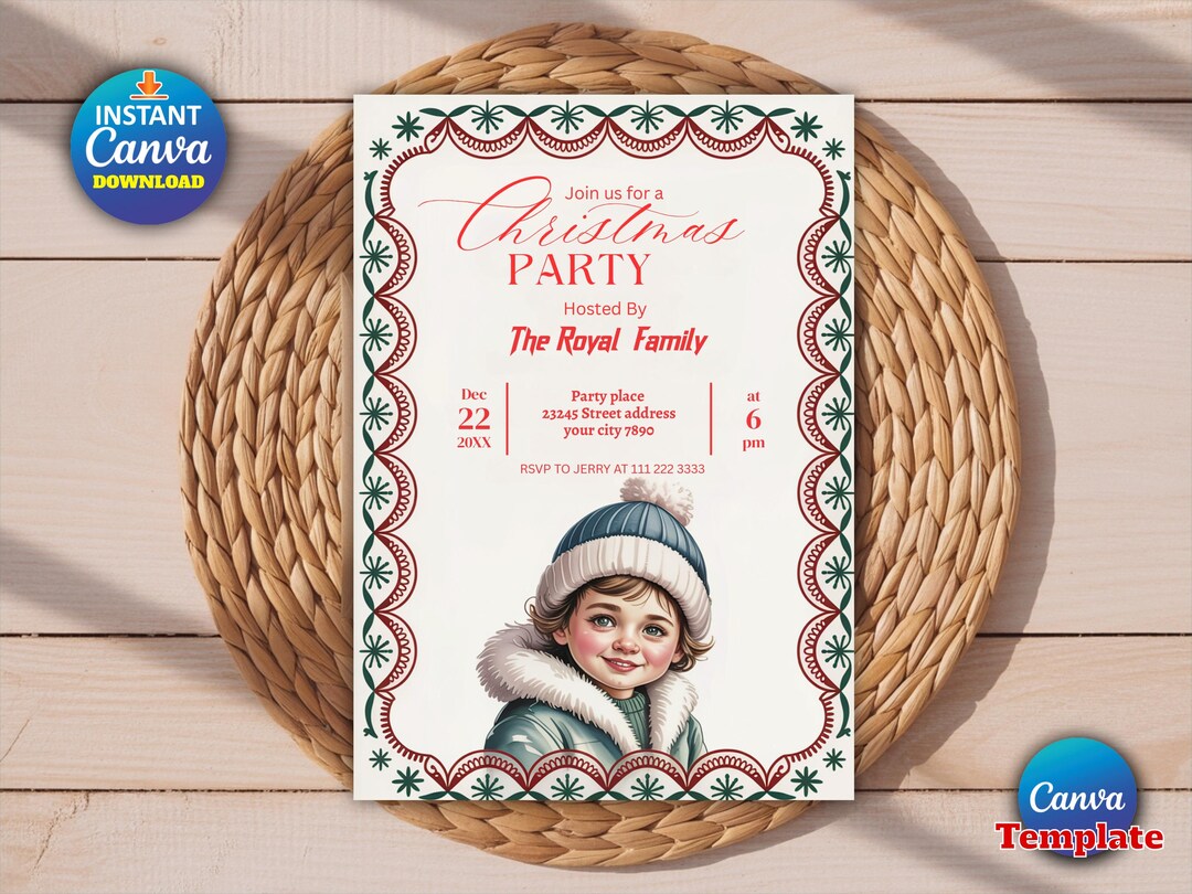 Kids Christmas Invitation Template, Winter Holiday Party, Deer & Child ...