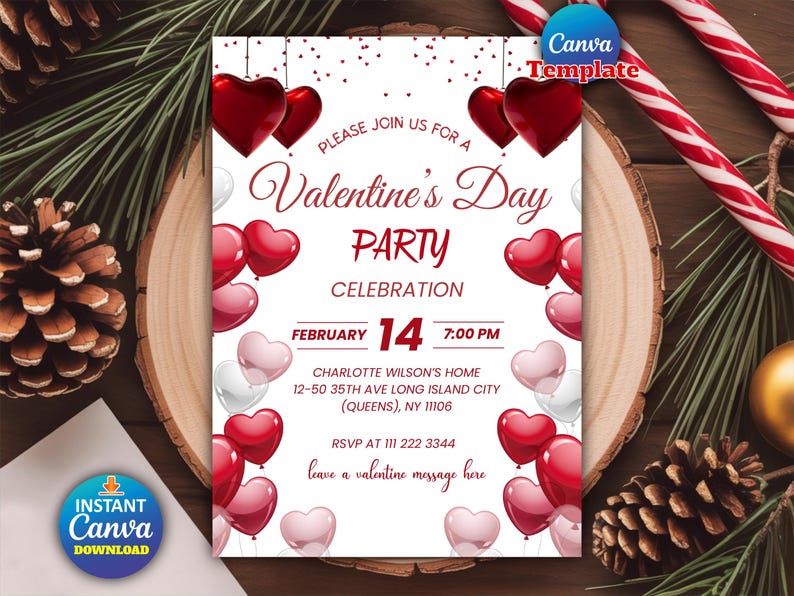 Editable Valentine's Day Party Invitation, Red Hearts Romantic Invite ...
