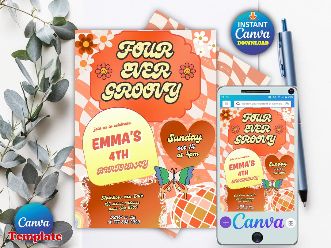 Editable 4th Birthday Party Invitation Template | Groovy Preppy Varsity ...