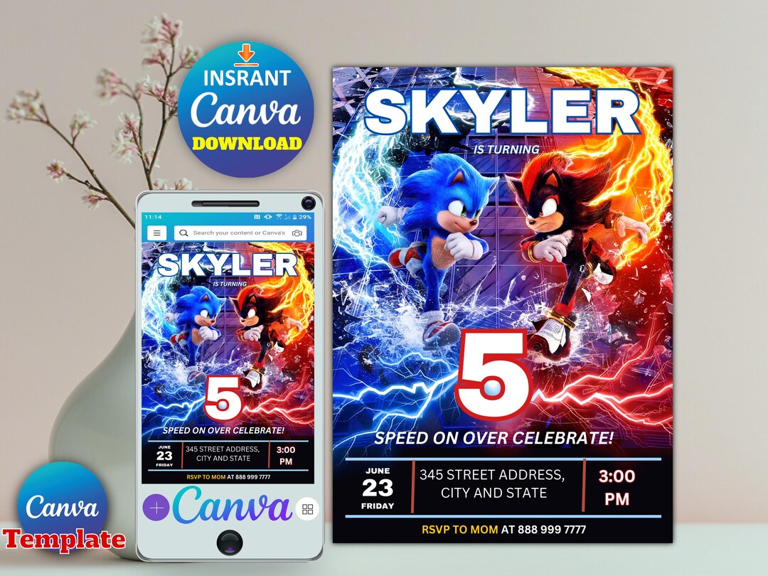 Sonic 3 Birthday Party Invitation, Sonic VS Shadow Invitation, Super ...