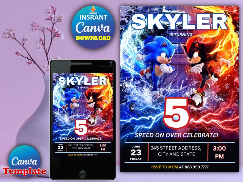 Sonic 3 Birthday Party Invitation, Sonic VS Shadow Invitation, Super ...