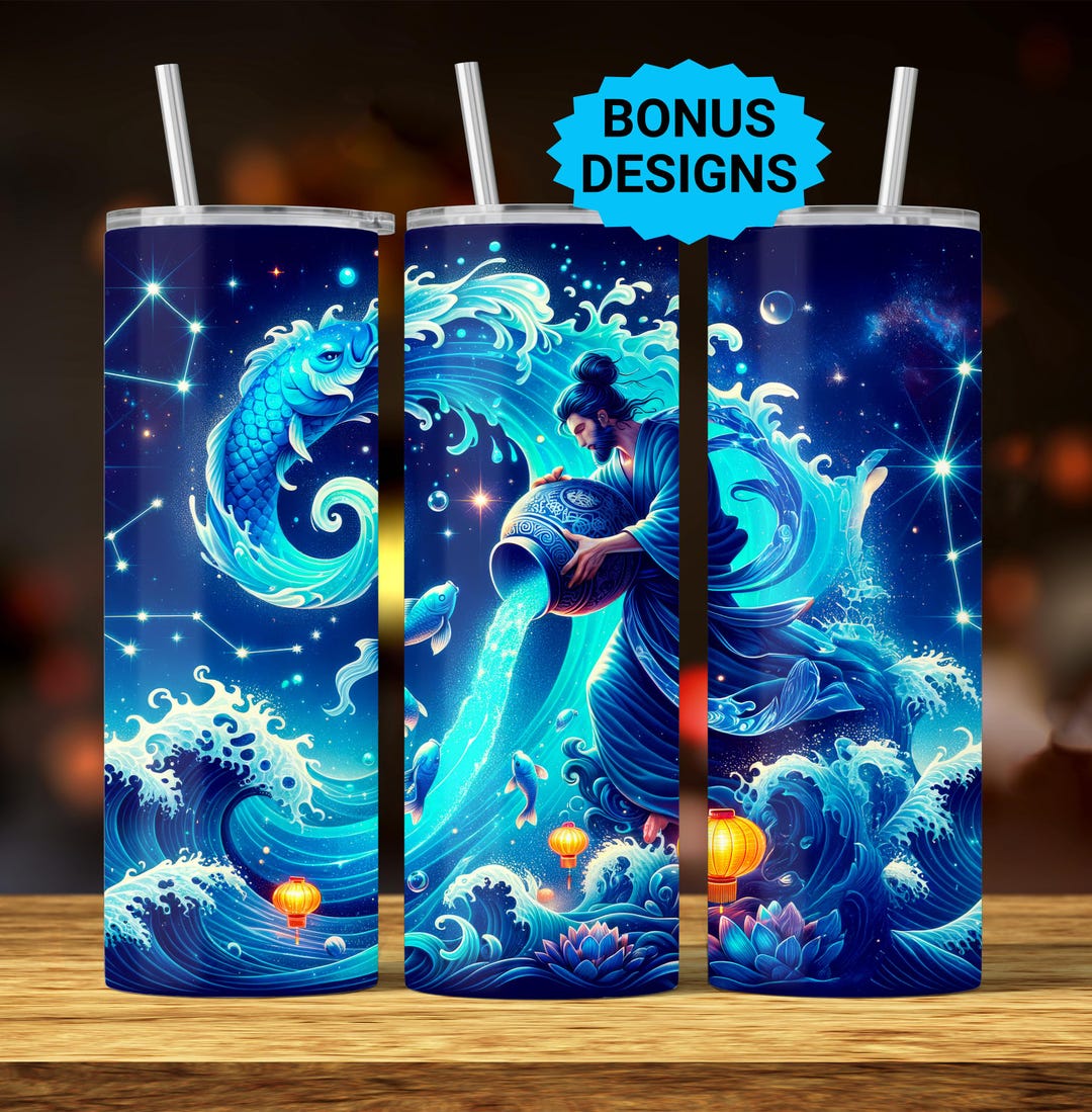 Aquarius Zodiac 20oz Skinny Tumbler Wrap, Celestial Star Sign ...