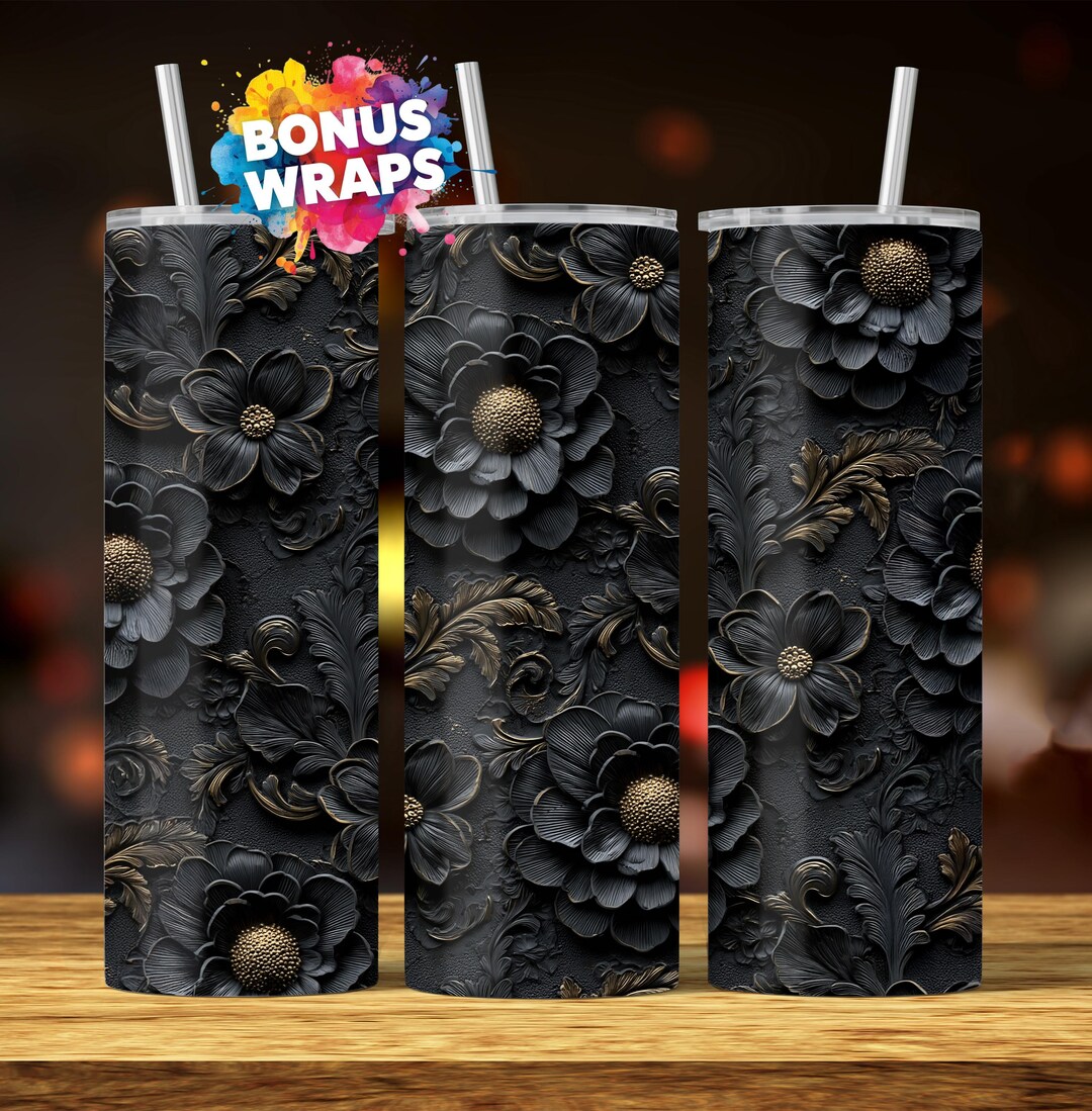3D Gothic Black Gold Flowers 20oz Skinny Tumbler Wrap Png Tumbler Daisy ...