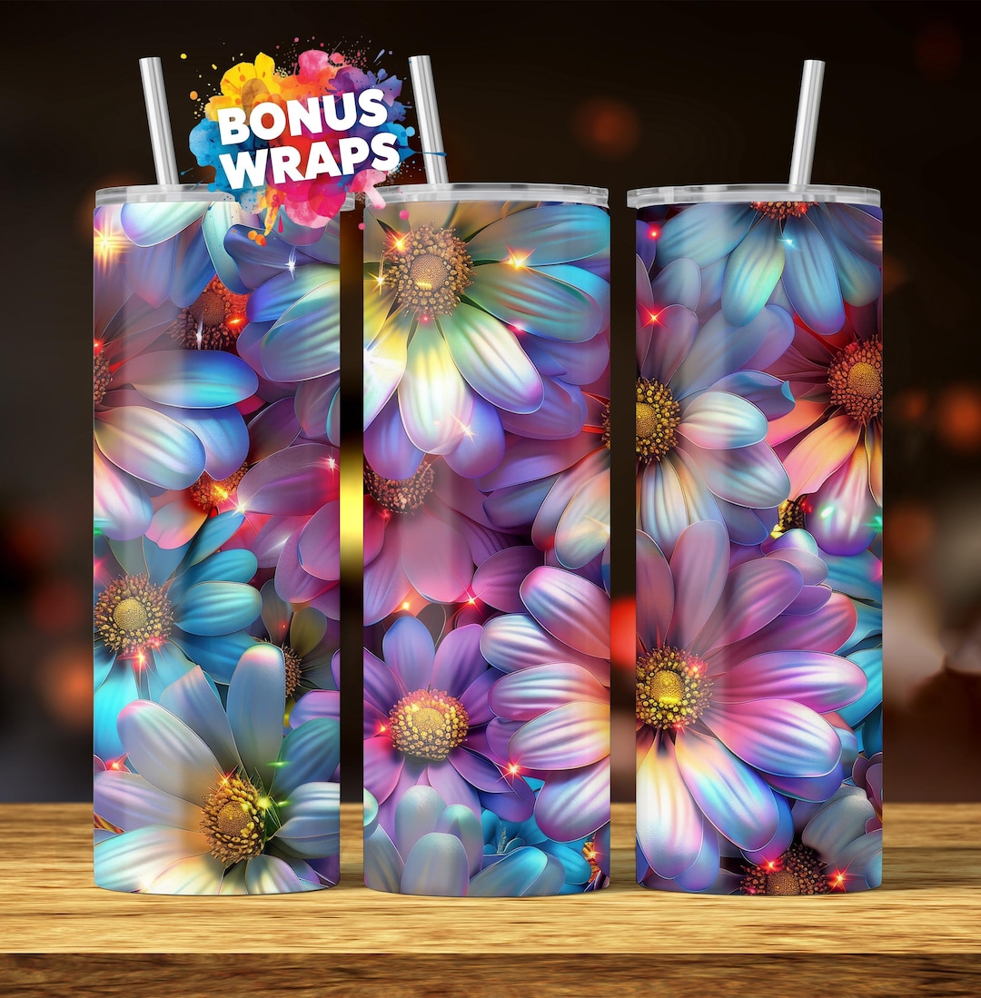 3D Daisy Sparkle Spring Flowers 20oz Tumbler Wrap Png Tumbler, Rainbow ...