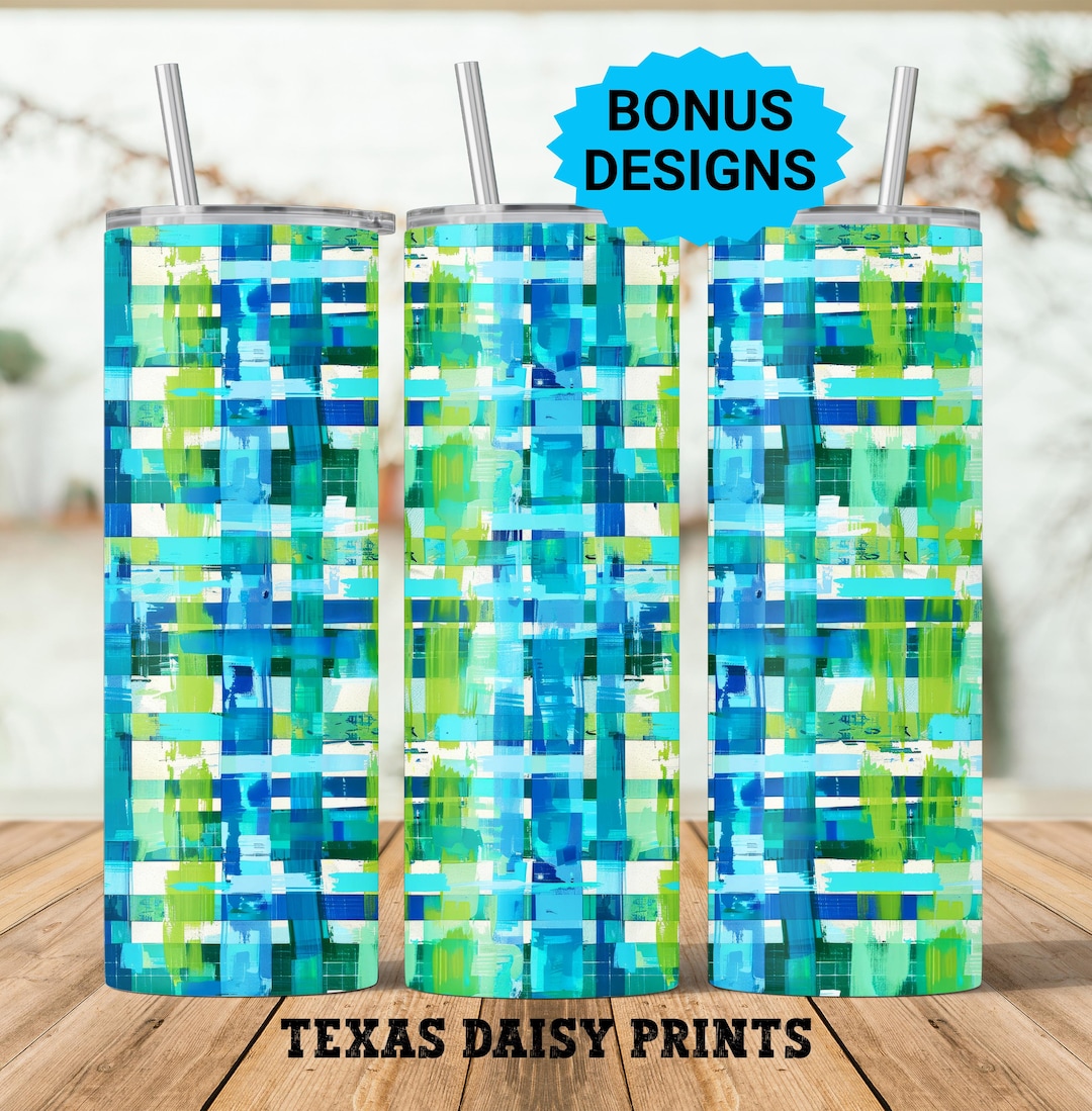 Summer Vibrant Green and Blue Watercolor Plaid 20oz Skinny Tumbler ...