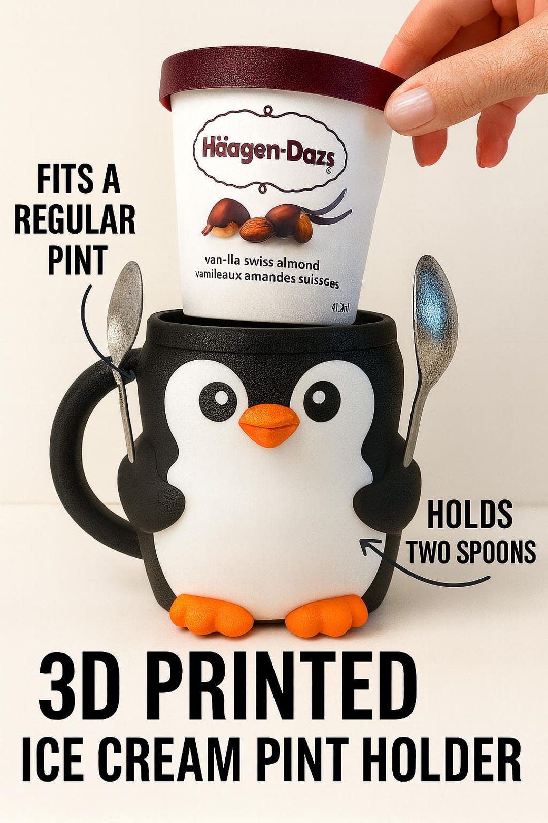 3D Printed Penguin Ice Cream Pint Holder: Insulated Cup With Spoon ...