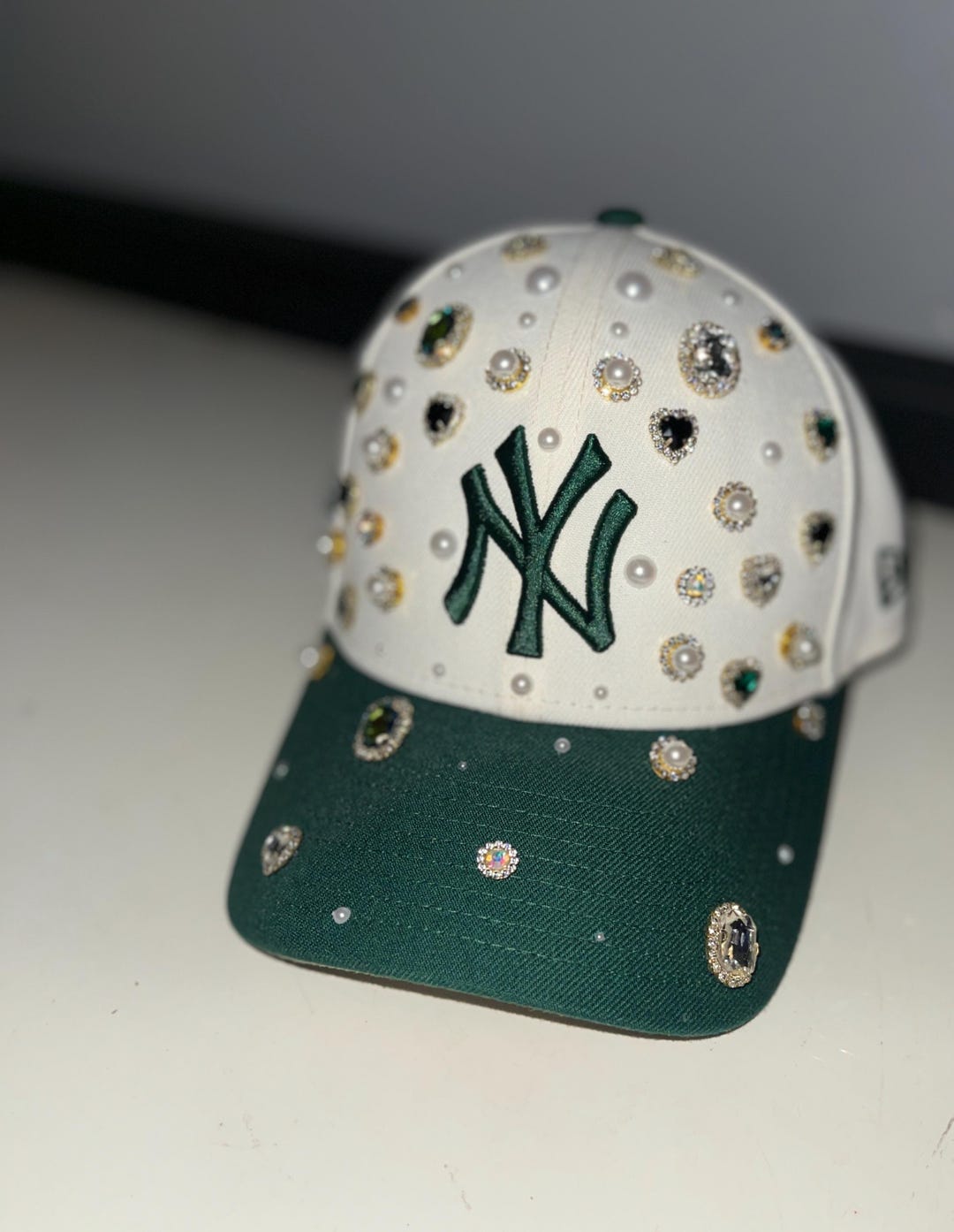 Custom Bling NY Yankees Hat – Green and White Snapback Cap With Pearls ...