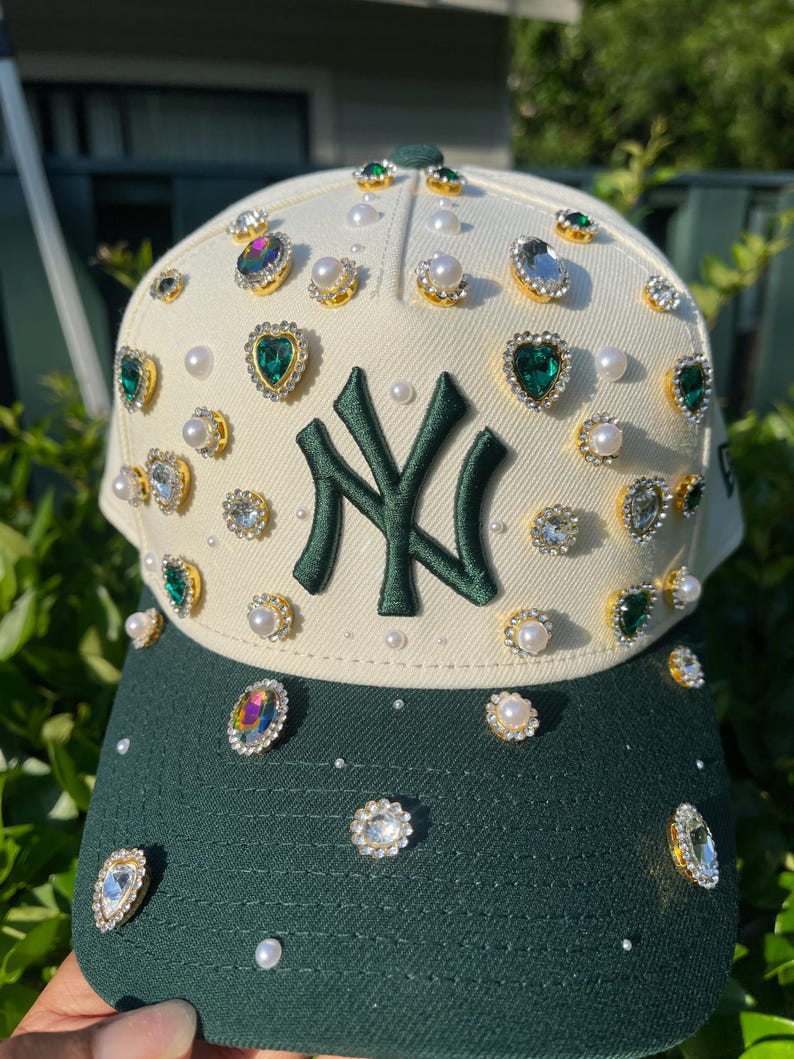 Custom Bling NY Yankees Hat – Green and White Snapback Cap With Pearls ...