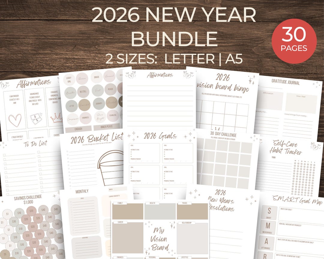 New Year Printable Bundle – Year in Review, Goal Setting, Habit Tracker ...