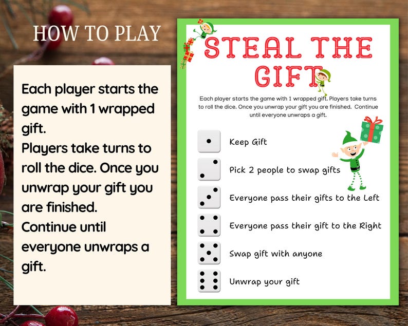 Christmas Dice Steal the Gift Game | Printable White Elephant Gift ...