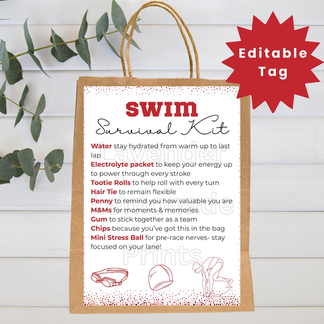 Swim Team Gift | Swim Survival Kit Tag | Editable Tag for Bag | Swim ...