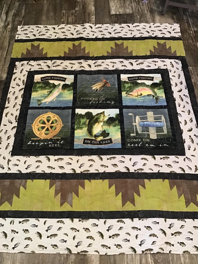 Fishing Quilt With Rod and Reels and Bait - Etsy