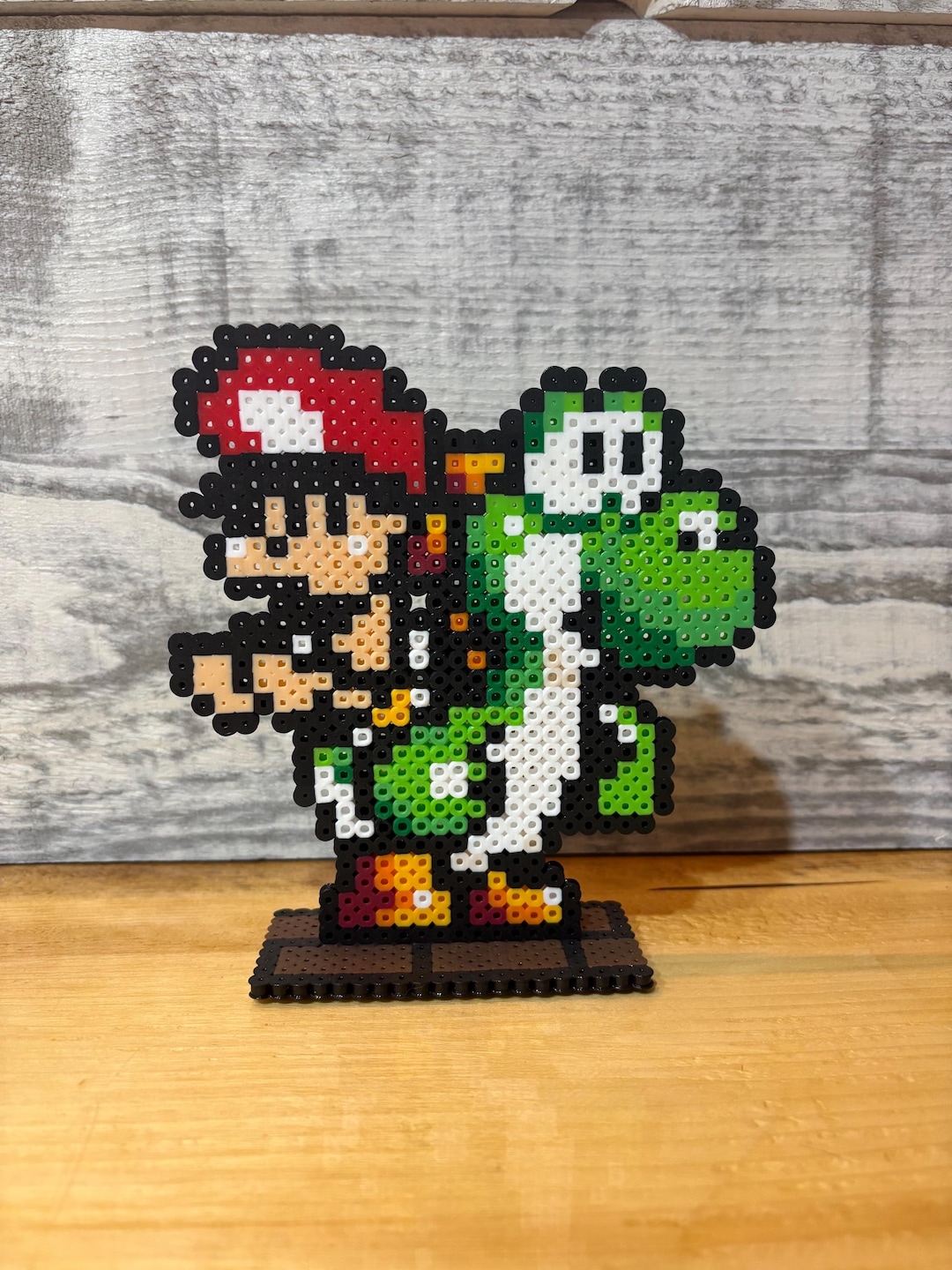 Handmade Perler Bead Yoshi and Baby Mario, Retro Standing Display Piece ...