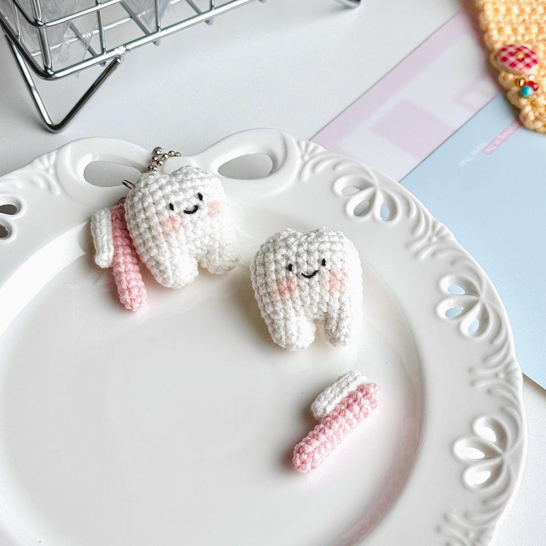 Crochet Tooth & Toothbrush Charm Set: Kawaii Couple Keychain Pair, Bag ...